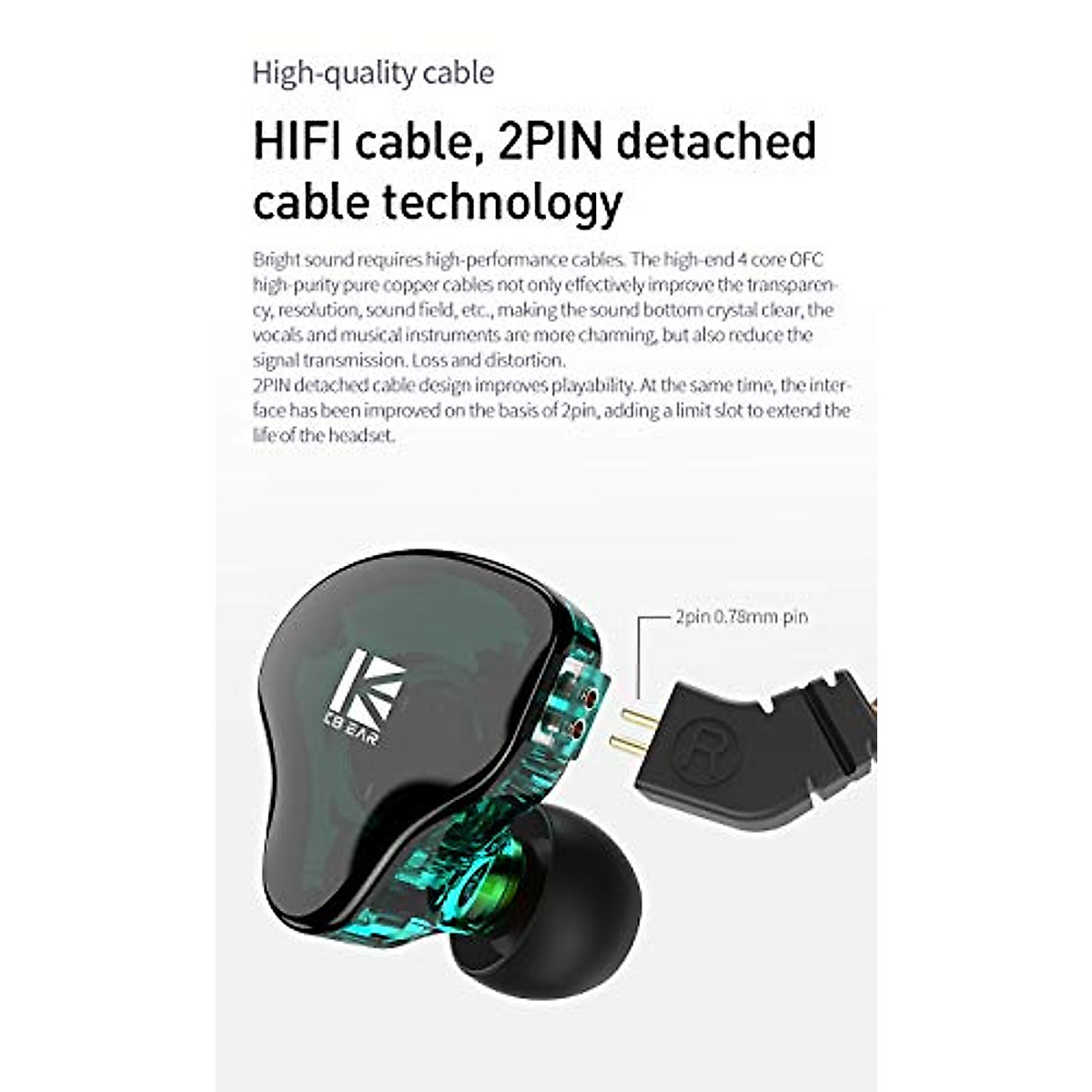 Kbear KS2 in Ear Monitor Wired Earbuds IEM Stereo Bass Earphone, HiFi Headphones Noise Cancelling 1BA 1DD High Resolution Headsets with Detachable Cable for Running Walking Stage (Without Mic, Green)