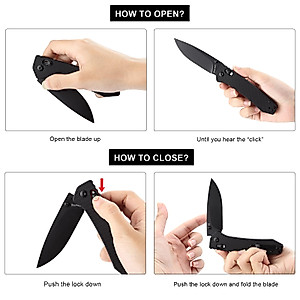 EMHTiii Pocket Knife Folding Knives: 3.14" Stainless Steel Black Blade, G10 Scales