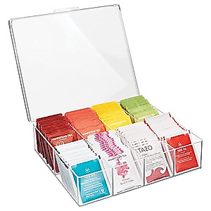 mDesign Tea Storage Organizer Box - 8 Divided Sections, Easy-View Hinged Lid - Use in Kitchen, Pantry, and Cabinets; Holder for Tea Bags, Packets, Small Items and Accessories, BPA free - Clear
