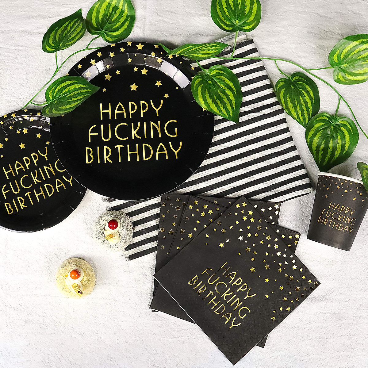 Pandecor 120 PCS Black and Gold Happy FING Birthday party supplies -Serves 30- Include Dinner Plates,Dessert Plates,Cups and Napkins for Adult Funny Birthday Party