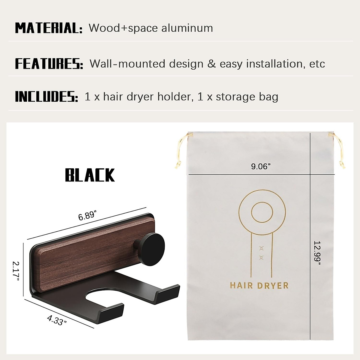 EHERDM Wall Mounted Hair Dryer Holder with Storage Bag Drill-Free Adhesive Blow Dryer Holder Walnut Bathroom Storage Shelf Solid Wood Storage Rack for Home Black