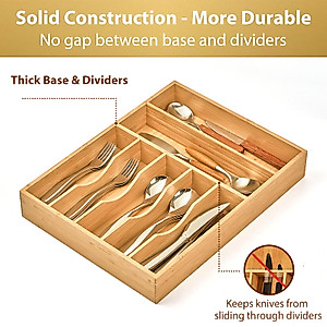 Kitchen Drawer Organizer, 13 Inch Silverware Utensil Tray Holder, Extra Deep, with Non-Slip Feet & Grooved Drawer Divider, 7 Slots Total Bamboo Wood Caddy for Flatware Cutlery Knives, Forks, Spoons