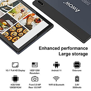 Android Tablet 10.1 inch, 2 in1 Android 11 Tablets with Keyboard, Octa-Core 4GB RAM 128GB ROM, 1920X1200 IPS Touchscreen,13MP Camera, 2.4G/5G WiFi, BT 5.0, Google GMS Certified Tablet PC