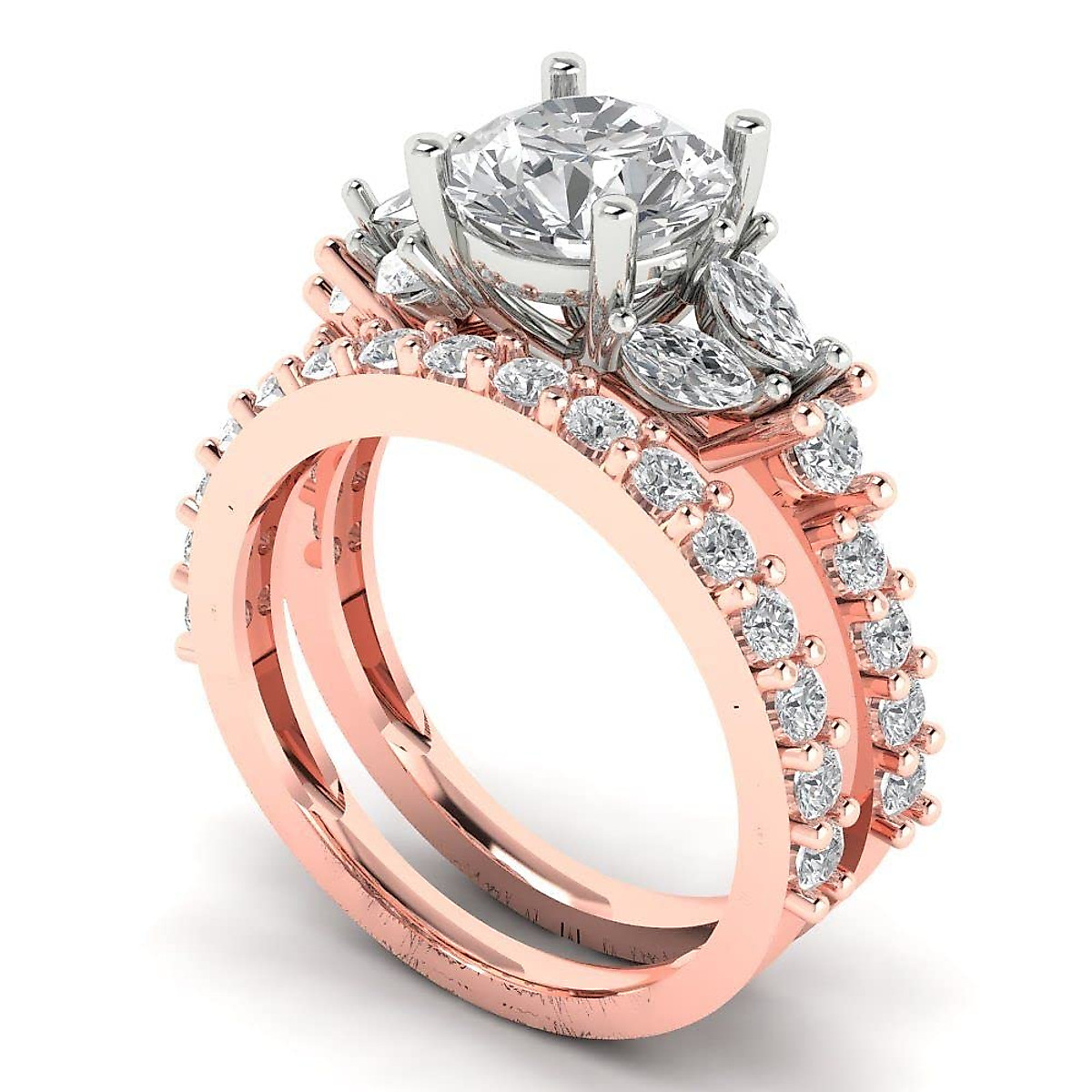 Clara Pucci 3.06 Carat Round Cut Clear Simulated Diamond 14k Rose White Gold Solitaire W/Accents Wedding Engagement Bridal Ring Set Size 3.5