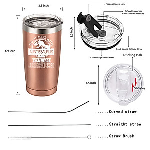 Auntiesaurus Tumbler Don't Mess with Auntiesaurus You'll Get Jurasskicked Travel Tumbler Birthday Mothers Day Gifts for Auntie Aunt from Nephew Niece Auntie Gifts with 2 Lids and Straws 20OZ Rose Gold