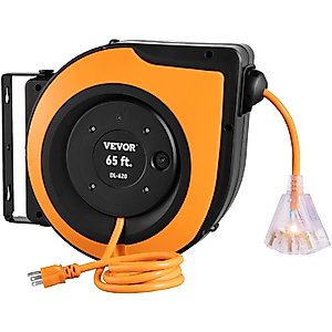 VEVOR Retractable Extension Cord Reel, 65 FT, Heavy Duty 12AWG/3C SJTOW Power Cord, with Lighted Triple Tap Outlet, 15 Amp Circuit Breaker, 180° Swivel Bracket for Ceiling or Wall Mount