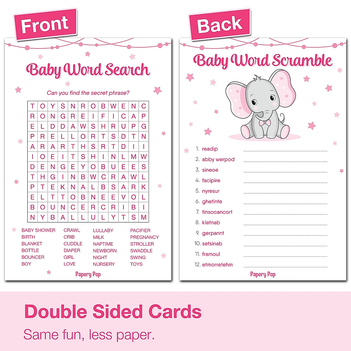 Papery Pop Baby Shower Games for Girl - Set of 4 Games for 30 Guests - Double Sided Cards - Baby Shower Supplies - Elephant