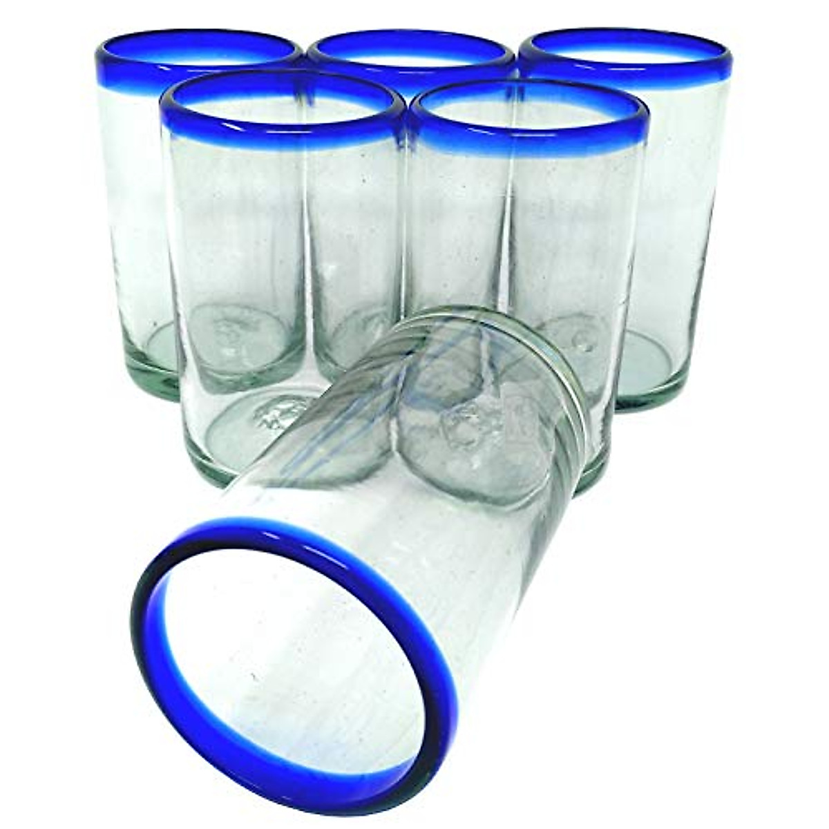 Hand Blown Mexican Drinking Glasses - Set of 6 Glasses with Cobalt Blue Rims (14 oz each)