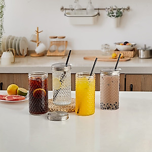 4Pack Glass Tumblers with Stainless Steel Lids and Straws, 24 OZ Wide Mouth Mason Jar Drinking Glasses for Iced Coffee/Tea, Juices and Cocktail, Travel Glass Bottles with Varitey of Patterns