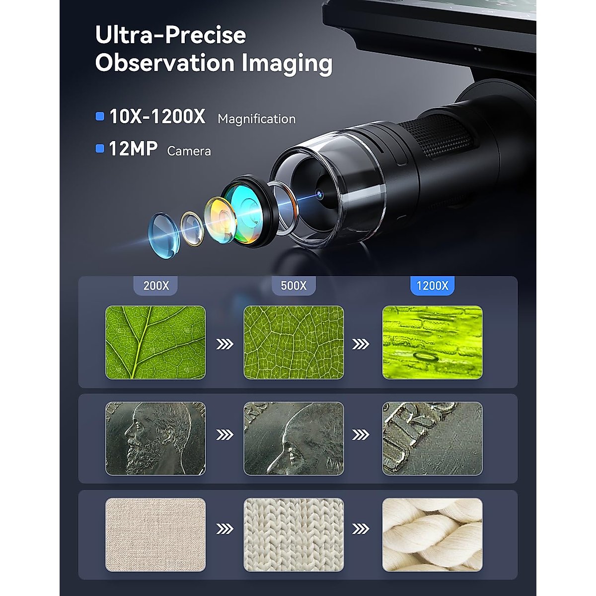 7" LCD Digital Microscope, Coin Microscope with 12MP Camera 10-1200X, 1080P Video/Photo, SKYEAR USB Microscope for Windows/MacOS, 2 Fill Lights, Wireless Remote, Microscope for Adults