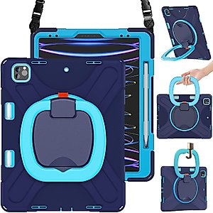 BRAECN for iPad Air 13 Inch Case M2 (2024), iPad Pro 12.9 (2022/2021, 6th/5th/4th/3rd Gen), Heavy Duty Shockproof Cover with Pencil Holder, Rotating Handle Grip, Stable Kickstand, Shoulder Strap, Navy