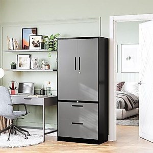 PEUKC 2-Drawer Metal File Cabinet,Lateral Filing Cabinets for Home Office,Locking File Cabinet with Storage Shelves,Legal/Letter/A4 Size Office File Cabinet,(Black Grey, Assemble Required)