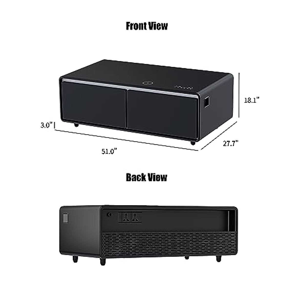 LIVTAB Smart Coffee Table, 27.8" D x 51" W x 18.1" H, Living Room Table with Built in Fridge and Speakers, Smart Table with 15W Wireless Charging, USB Chargers and 110V Outlets (Black)