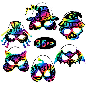 Max Fun 36PCS Halloween Rainbow Scratch Mask, Art Craft Kit for Kids Birthday Cosplay Classroom Decoration, Magic Scratch Paper Halloween Party Favor Supplies Bat Witch Pumpkin Zombie Pirate Skull