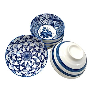 TJ Global Set of 6 Traditional Japanese Pottery Ceramic Bowls for Rice, Salad, Soup, Cereal, Snacks, Ice Cream - 10 Fluid Ounce Capacity