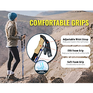 TREKOLOGY Trek-Z (Blue 115-135cm) Trekking Hiking Poles / 6 pc Replacement Rubber Tips - Collapsible Folding Walking Sticks,Adjustable Quick Flip-Lock, Foldable Trekking Poles for Hiking.