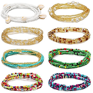 RLMOON 31Inch Waist Beads for Women Layered Belly Bead Chain African Body Chain Waist Beads for Weight Loss Colorful Waist Jewelry（8PCS)