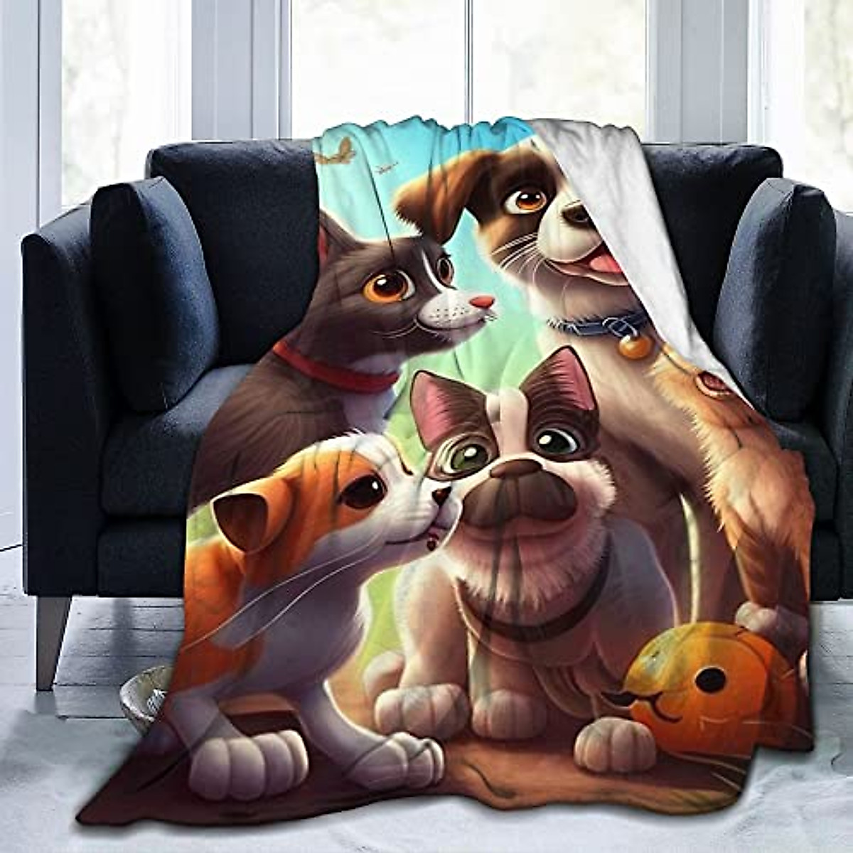 Pet Pals in The Grass - Flannel Fleece Blanket, Cat and Dog Printed, Ideal for Sofa, Bed, and Outdoor Camping, Soft and Comfortable, 50"x60"