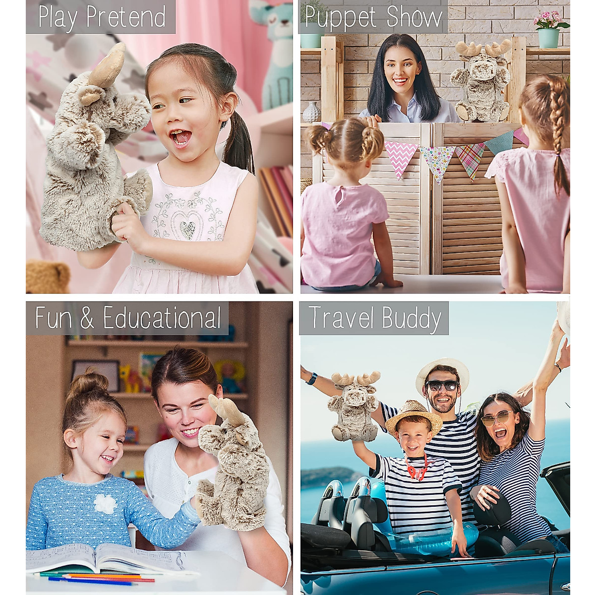 DolliBu Moose Plush Hand Puppet For Kids - Soft Plush Stuffed Animal Hand Puppet Toy for Puppet Show Games & Puppet Theaters for Kids, Adult's Cute Puppets Educational Toy to Teach Children & Toddlers