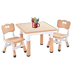 FUNLIO Kids Table and 2 Chairs Set, Height Adjustable Toddler Table and Chair Set for Ages 3-8, Easy to Wipe Arts & Crafts Table, for Classrooms/Daycares/Homes, CPC & CE Approved (3pcs Set) - Natural