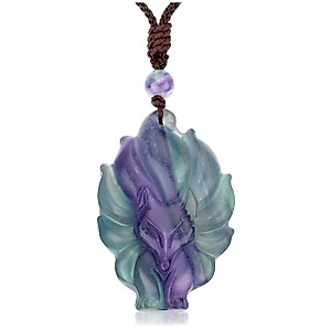 Jovivi Natural Fluorite Nine-Tailed Fox Crystal Necklace Healing Stones Gemstone Necklaces Pendant Protection Amulet Charm