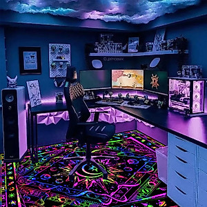 EISKBC Blacklight Burning Sun Area Rug, Neon UV Reactive Celestial Moon Star Planet Throw Rug, Non-Slip Fluorescent Boho Hippie Floor Mat Carpet, Glow in The Dark Bedroom Home Decor 70x47inch