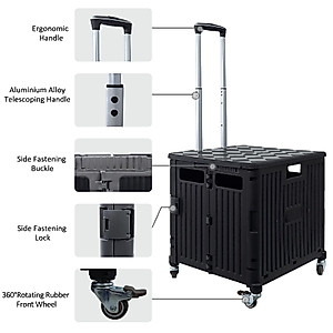 Foldable Utility Cart with Wheels, Collapsible Rolling Cart with Telescoping Handle, 360°Rotate Wheel Folding Utility Cart for Storage Office Use