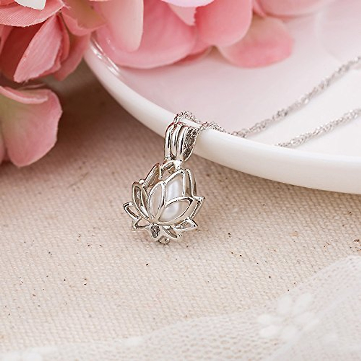 MYANAIL Luminous Lotus Pendant Necklace for Women Hollow Flower Lockets Necklace (Azure)