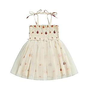 Toddler Baby Girl Halloween Outfit Cotton Linen Sleeveless Pumpkin Print Smocked Strap Tulle Tutu A-line Dress (3-4T,Beige)