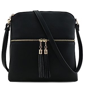 FashionPuzzle Tassel Zip Pocket PU Leather Crossbody Bag (Black)