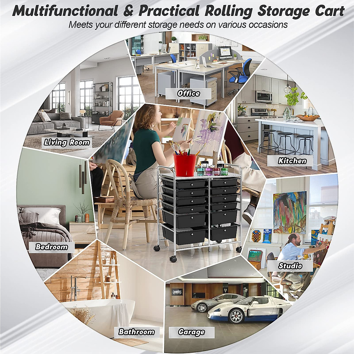 COSTWAY 12-Drawer Rolling Storage Cart, Moveable Art Craft Organizer W/Lockable Wheels, Metal Shelf, Files Arrangement Tools Makeup Storage Cart for Office, Home, School (Black)