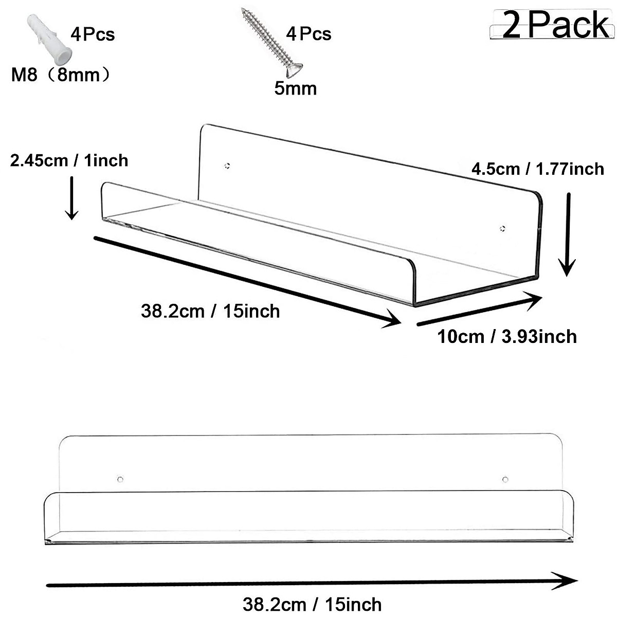 Cerpourt Acrylic Floating Wall Ledge Shelf, Clear Bathroom Storage Shelves Display,Acrylic 15" Invisible Bookshelf (2pack)