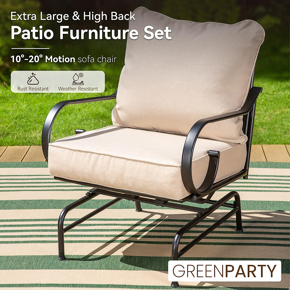 GREEN PARTY 4-Pieces Patio Furniture Set, Outdoor Metal Patio Conversation Set with Fire Pit Table, Patio Sofa with Cushions, Beige