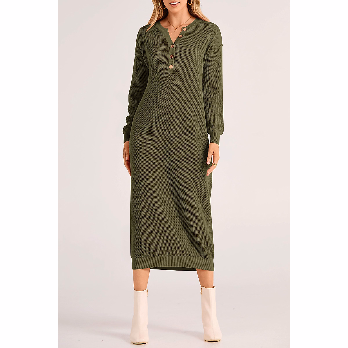 PRETTYGARDEN Women's 2024 Fall Knit Sweater Dress Long Sleeve Button V Neck Loose Casual Maxi Dresses (Black,X-Large)