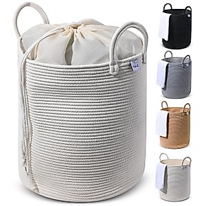 Woven Cotton Rope Basket Laundry Hamper with Dust Cover, Multi-Functional Storage for Clothes, Blankets, Toys, for Nursery, Bathroom, Bedroom, Dorms - Collapsible, Large, 14”x14”x17”, White