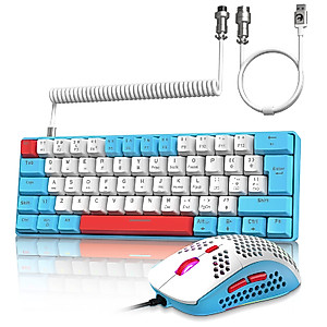 ZIYOU LANG RK-T60 Wired Mechanical Gaming Keyboard and Mouse Combo Mini Portable with Rainbow Backlit 62Key NKRO 6400DPI RGB Honeycomb Mice Coiled Aviator C Cable for PS4/PC/WIN Gamer(Blue/Red Switch)