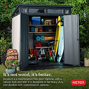 Keter Artisan 7 x 7 Foot Outdoor Garden Tool Storage Shed Backyard Utility Organizer Bundled with 40 Inch Steel Shelving Kit, Gray