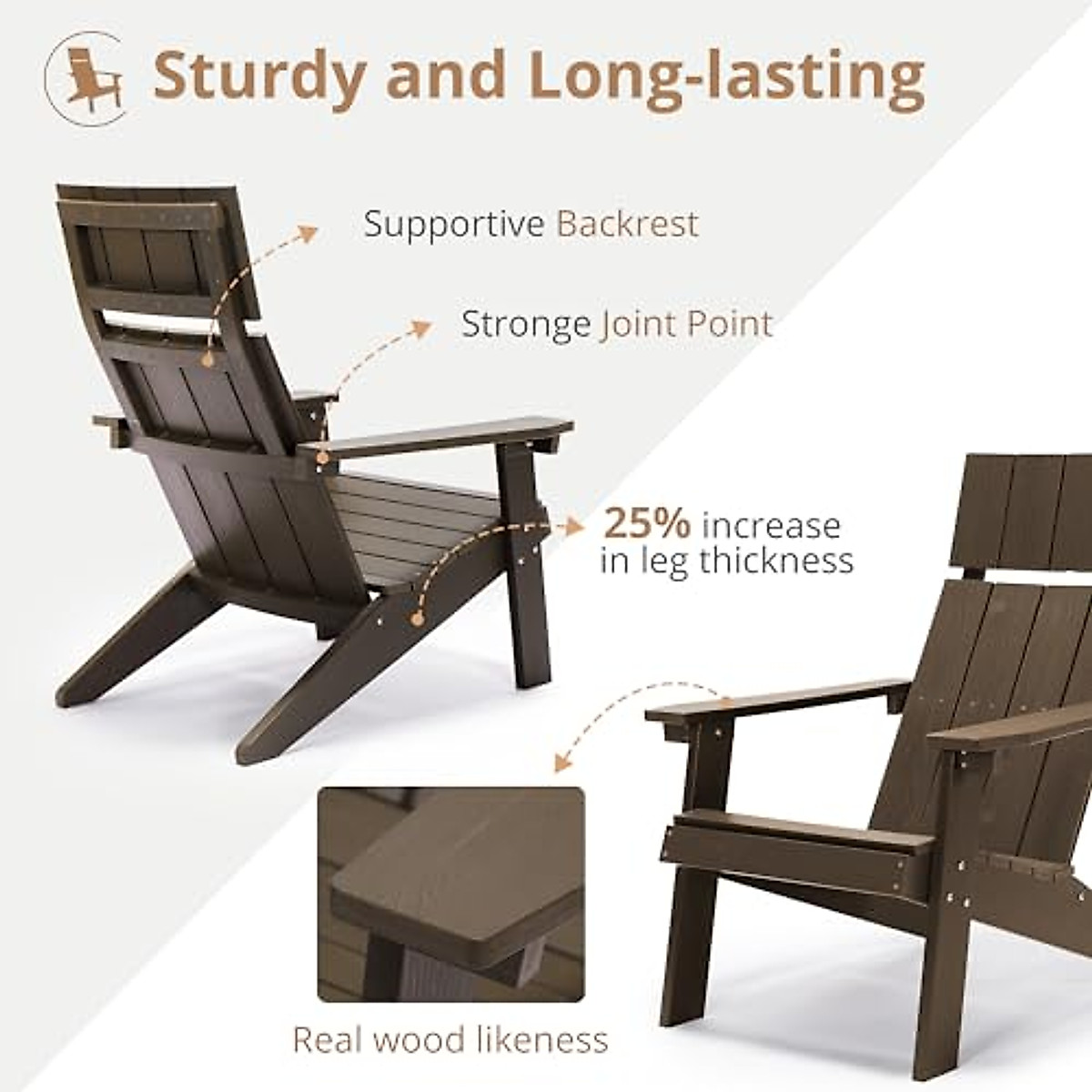 LUE BONA Modern Adirondack Chairs Set of 4, Dark Brown Plastic Adirondack Chair, High Back Poly Adirondack Fire Pit Chairs Weather Resistant, Patio Outdoor Chairs for Porch, Deck, Pool, Garden, 330LBS