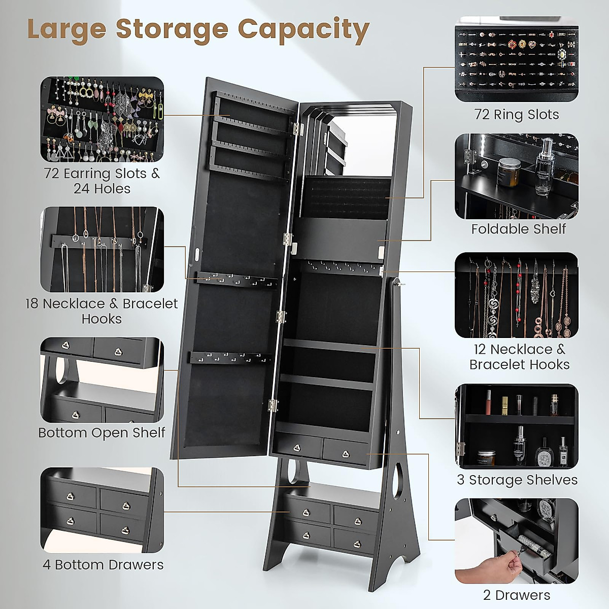 LOKO Freestanding Jewelry Cabinet with LED Light Strip, Lockable Jewelry Armoire w/ 3 Adjustable Angle, Foldable Organizer Storage w/High Full Length Mirror for cloakroom bedroom living room (Black)