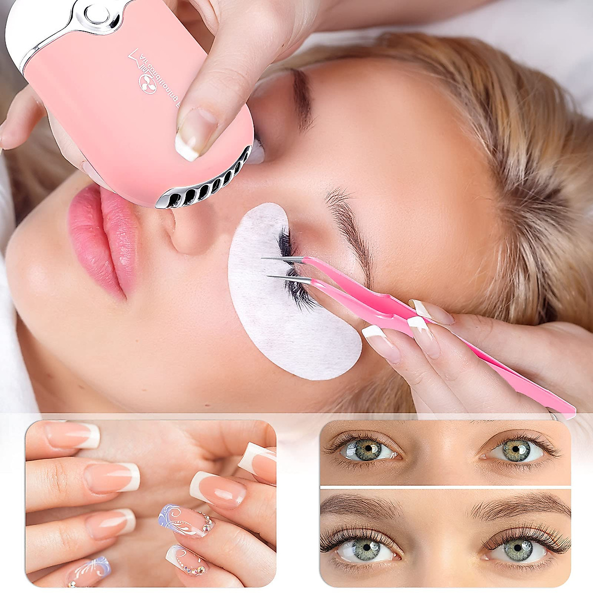 316 PCS Eyelash Extension Supplies, USB Mini Portable Air Conditioning Blower Handheld Dryer Fan Rechargeable Mini Mirror, Tapes, Tweezers, Eyelash Brushes, Micro Brush Applicators(Pink)