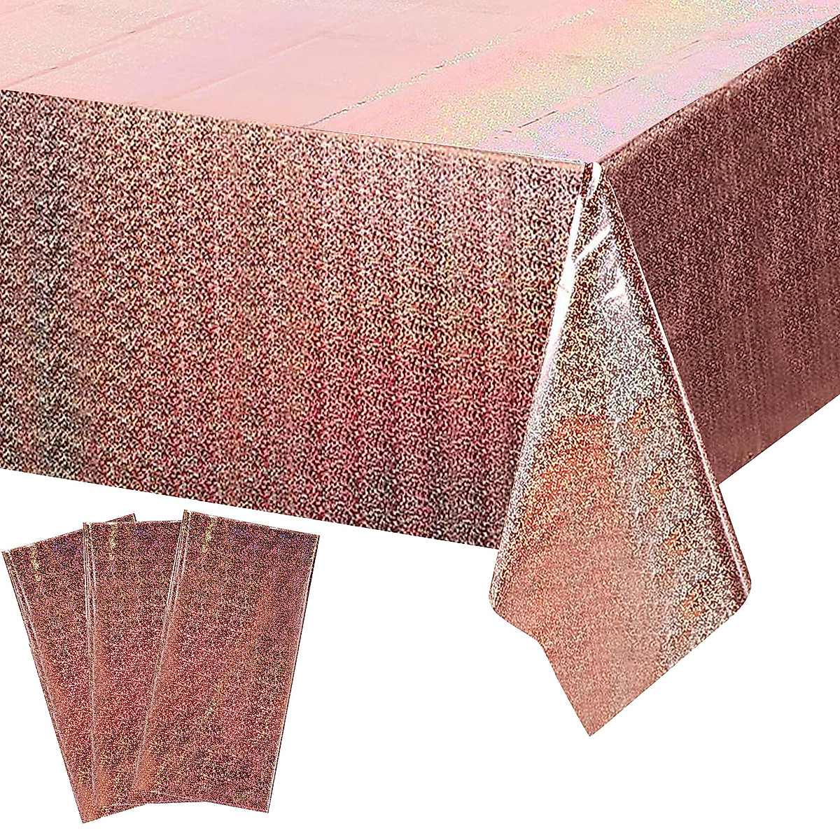 3PCS Iridescence Plastic Tablecloths Shiny Disposable Laser Rectangle Table Covers Holographic Foil Tablecloth Iridescent Party Decoration Birthday Bridal Wedding Christmas 54" x 108", Rose Gold