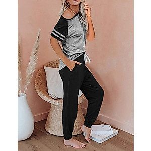 PRETTYGARDEN Short Sleeve Jogger Sets for Women 2 Piece Color Block Casual Tops and Long Pants Track Suit Matching Pajama Set(Z-Black Grey,Large)
