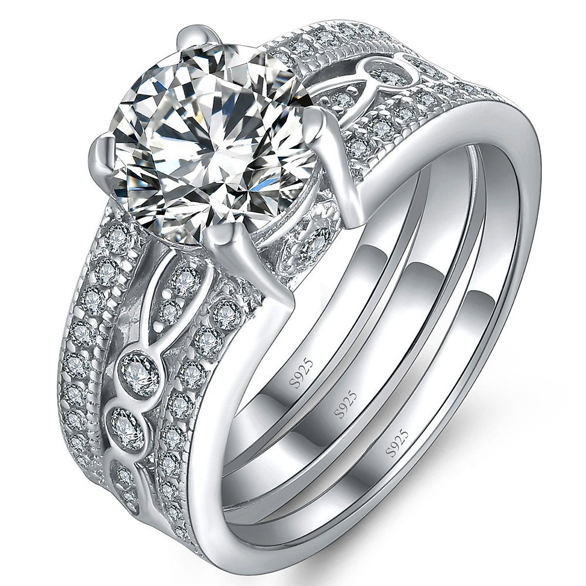 MABELLA 2.7 Carats Round Cut White Cubic Zirconia 925 Sterling Silver Alternative Engagement Wedding Ring Set Size 8