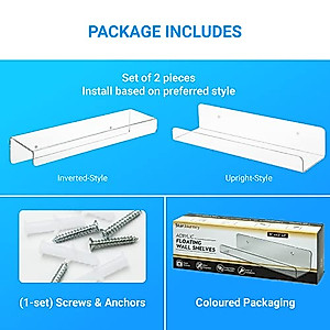 Acrylic Floating Shelves - Premium Grade 97% Clear Acrylic Wall Shelf, Displaying Great Moments On Picture Ledge Shelf, Vinyl Record Wall Mount Shelves, Clear Book Shelves, 50% Thicker. (Set of 2)