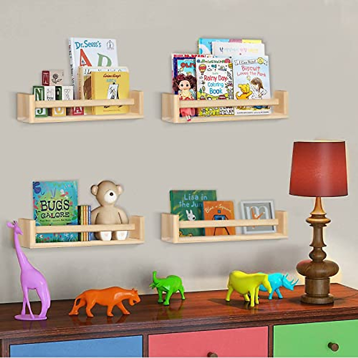 BOMID Wall Bookshelves,Set of 4 Natural Wood Floating Bookshelf,Nursery Shelves,Floating Book Shelves for Wall(Burlywood)