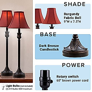 Catalina Lighting 25.75" Brenda Bronze Set of 2 Buffet Table Lamps with Burgundy Fabric Bell Shades, Bronze
