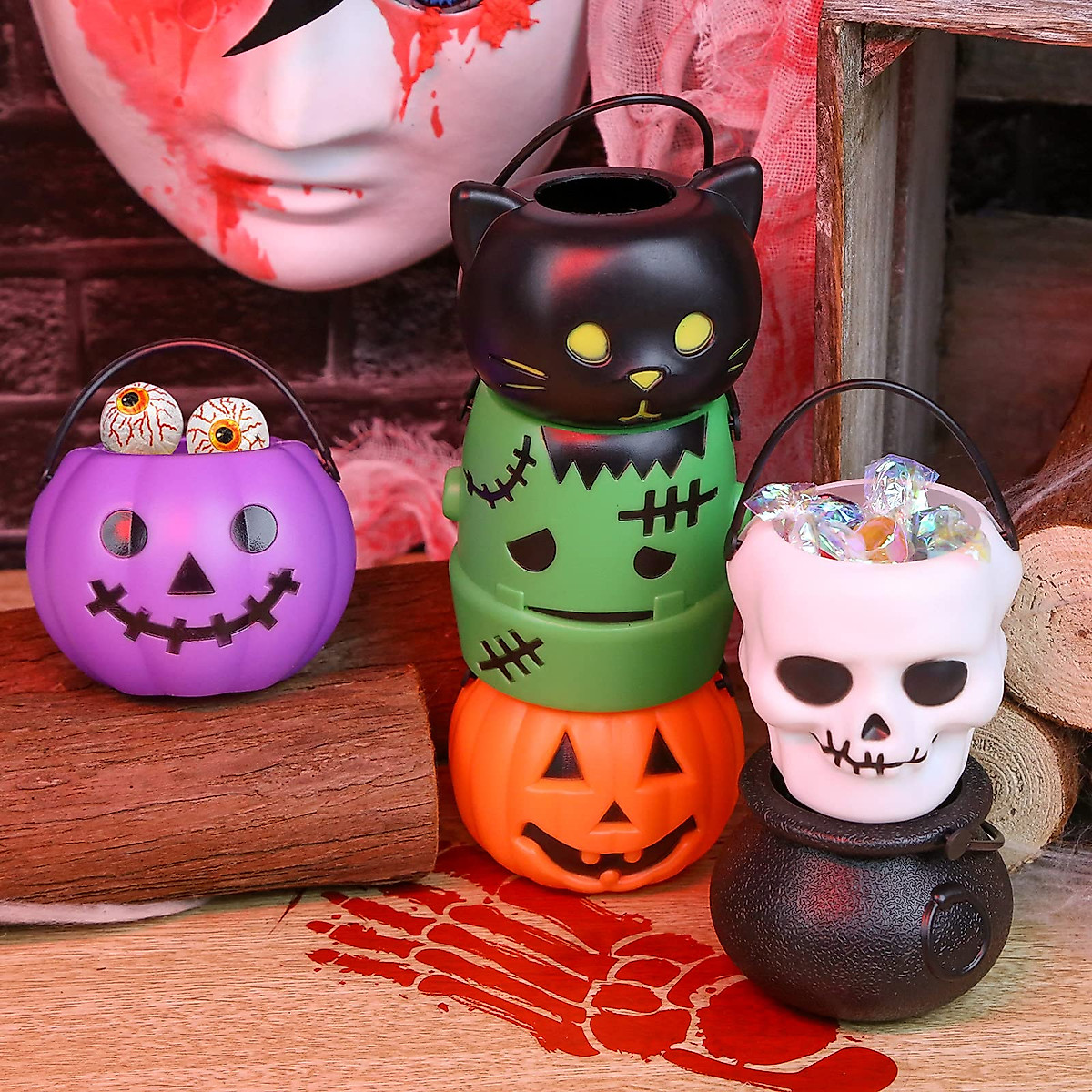 MCPINKY Small Halloween Candy Buckets, 12PCS Mini Portable Pumpkin Bucket Candy Bowl Holder Ghost Candy Bucket for Kids Trick Or Treat Halloween Party Favor