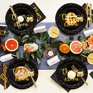 61Pcs Cheers Beer Party Supplies,Black and Gold Party Supplies Set (Plates,Napkins,Cups,Tablecloth)Cheers Beers and Beer Mugs Design,for 90th 80th 70th 60th 50th 40th 30th Cheers Party Decorations