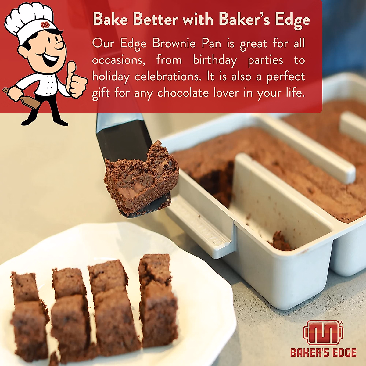 Baker's Edge Brownie Pan, The Original All Edges Brownie Pan for Baking | Premium Doble Nonstick Coating, Heavy Gauge Cast Aluminum Construction, Rectangular 9x12” Size Baking Pan - US Patented Design