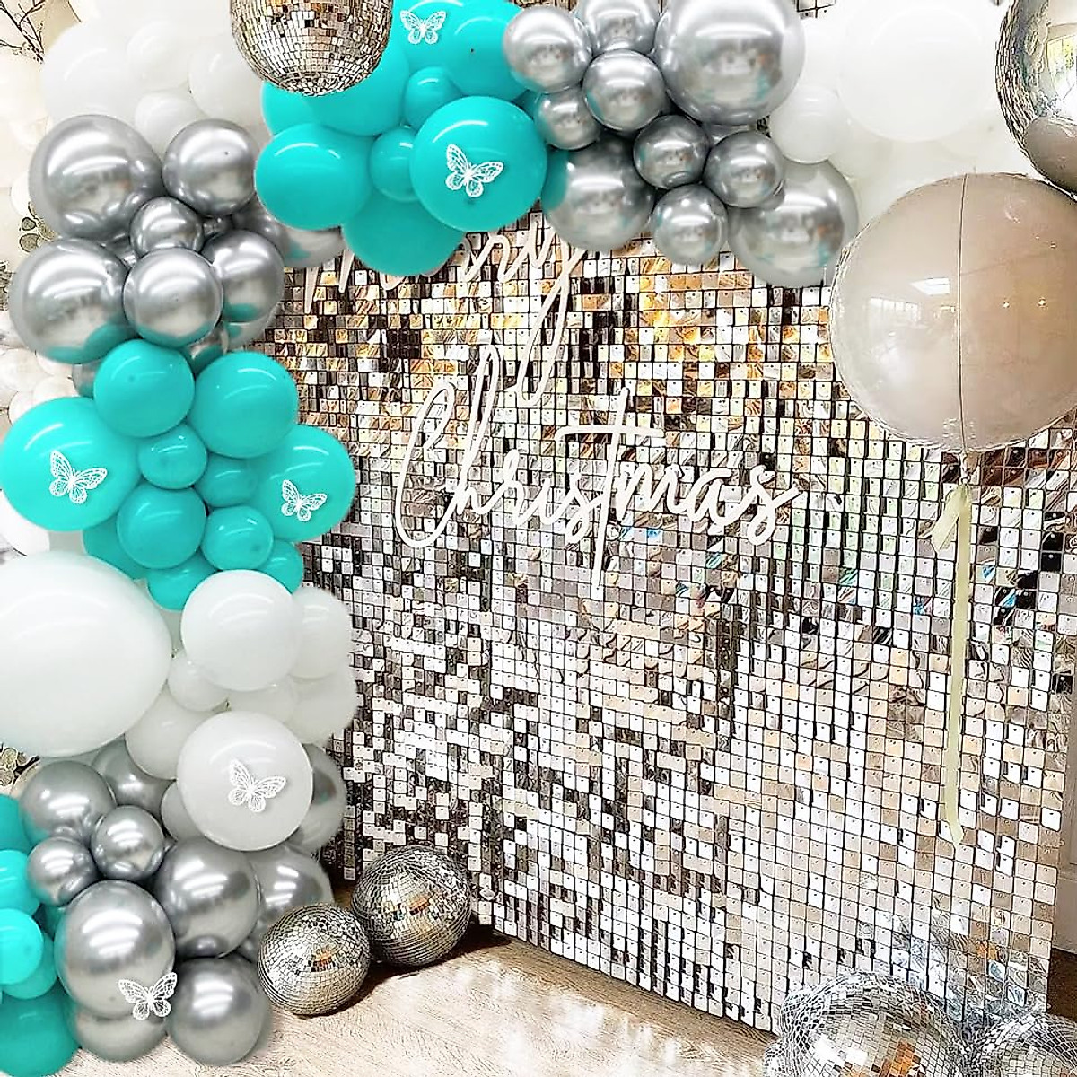 LyzzGlobo Teal Balloon Arch Kit with Butterfly Stickers, 139pcs White Silver Blue Turquoise Balloons Garland Kit for Girls Birthday Bridal Baby Shower Wedding Party Decorations